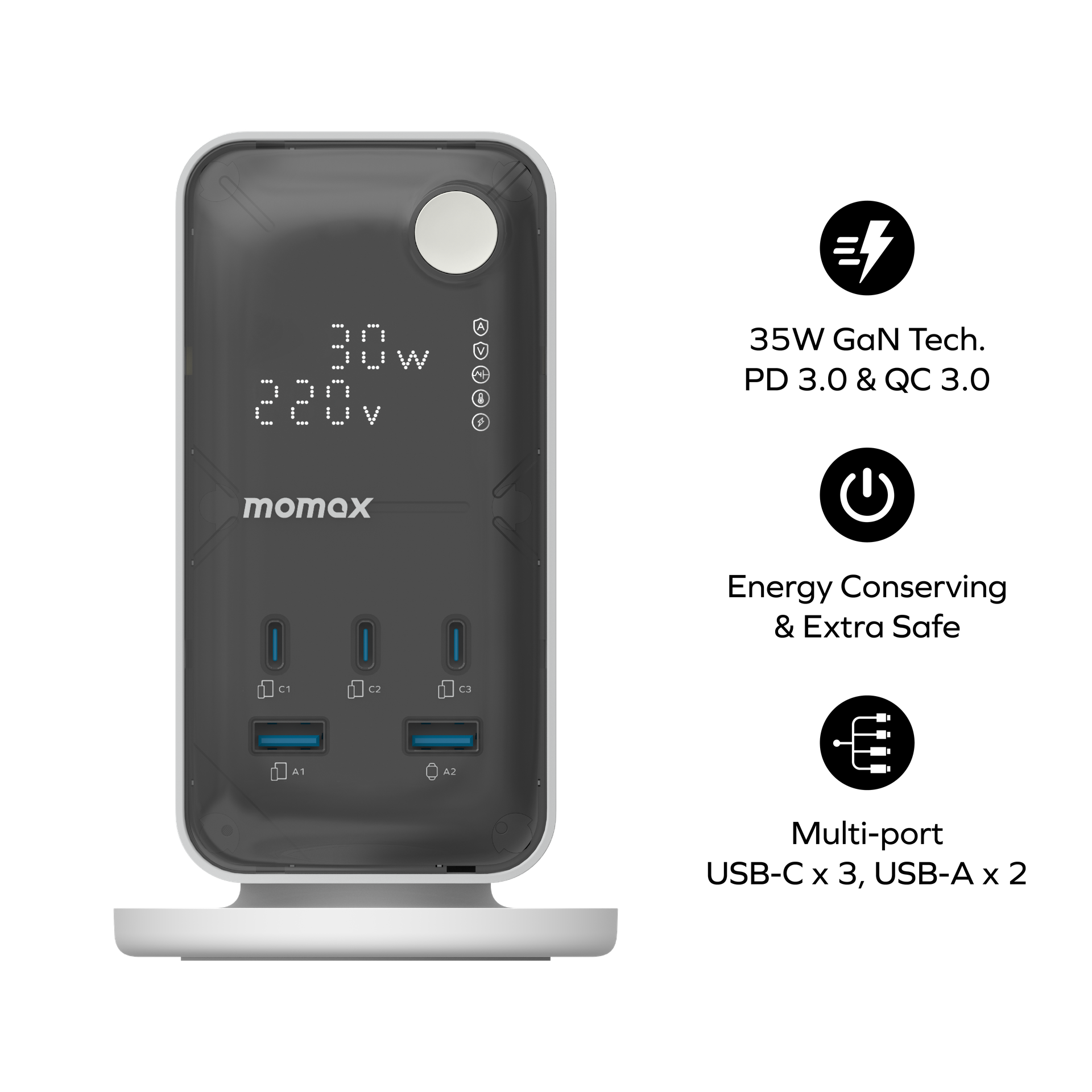 MOMAX 1-CHARGE WORK FLOW 6-OUTLET DIGITAL DISPLAY POWER TOWER WITH USB ...