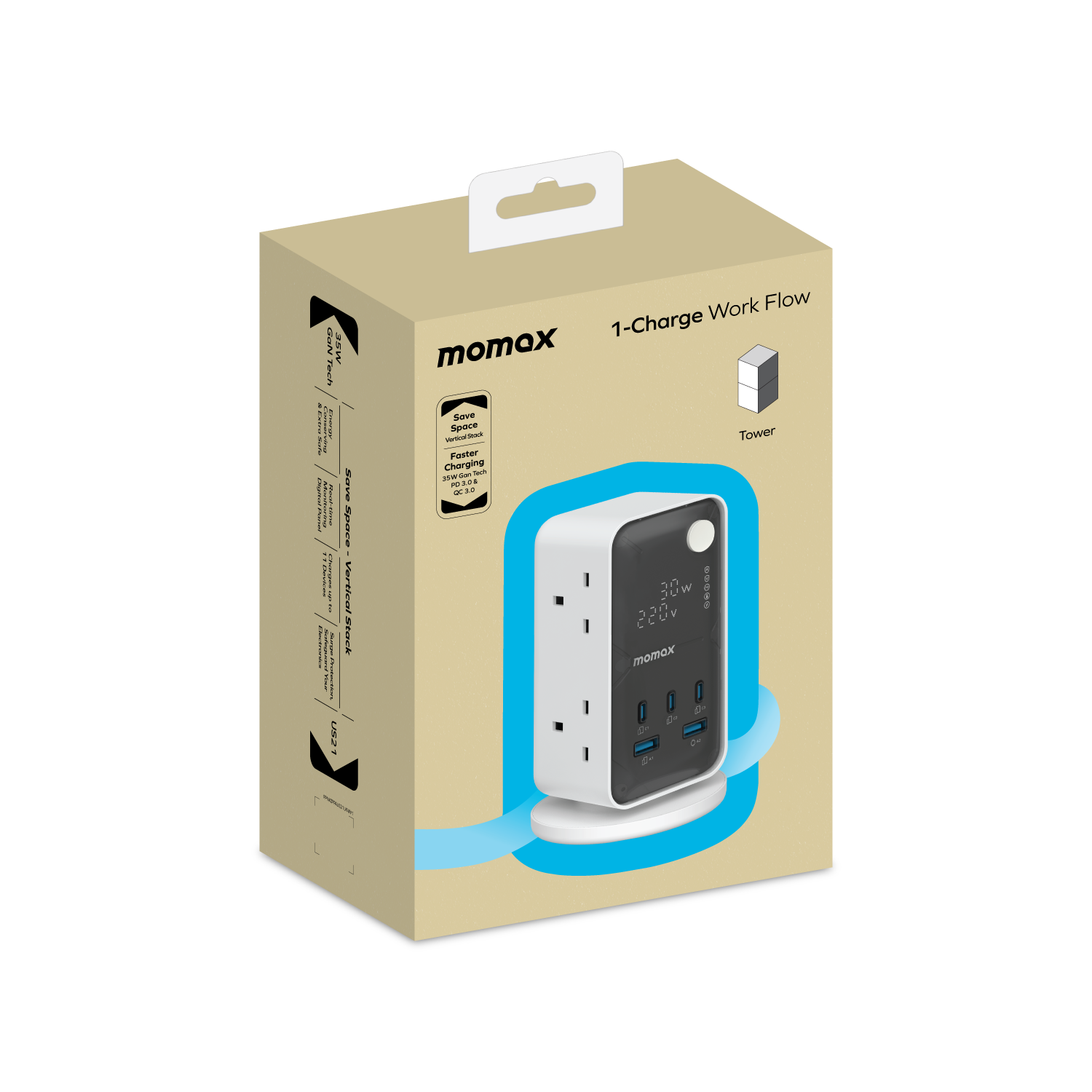 MOMAX 1-CHARGE WORK FLOW 6-OUTLET DIGITAL DISPLAY POWER TOWER WITH USB ...