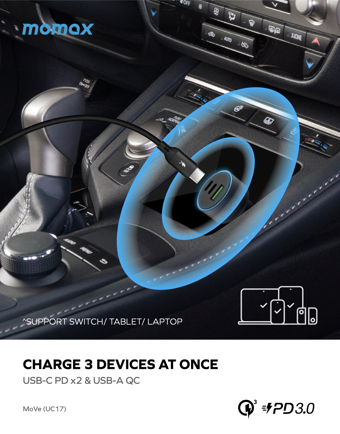 MOMAX MOVE 100W TRIPLE PORT CAR CHARGER | Space.ae