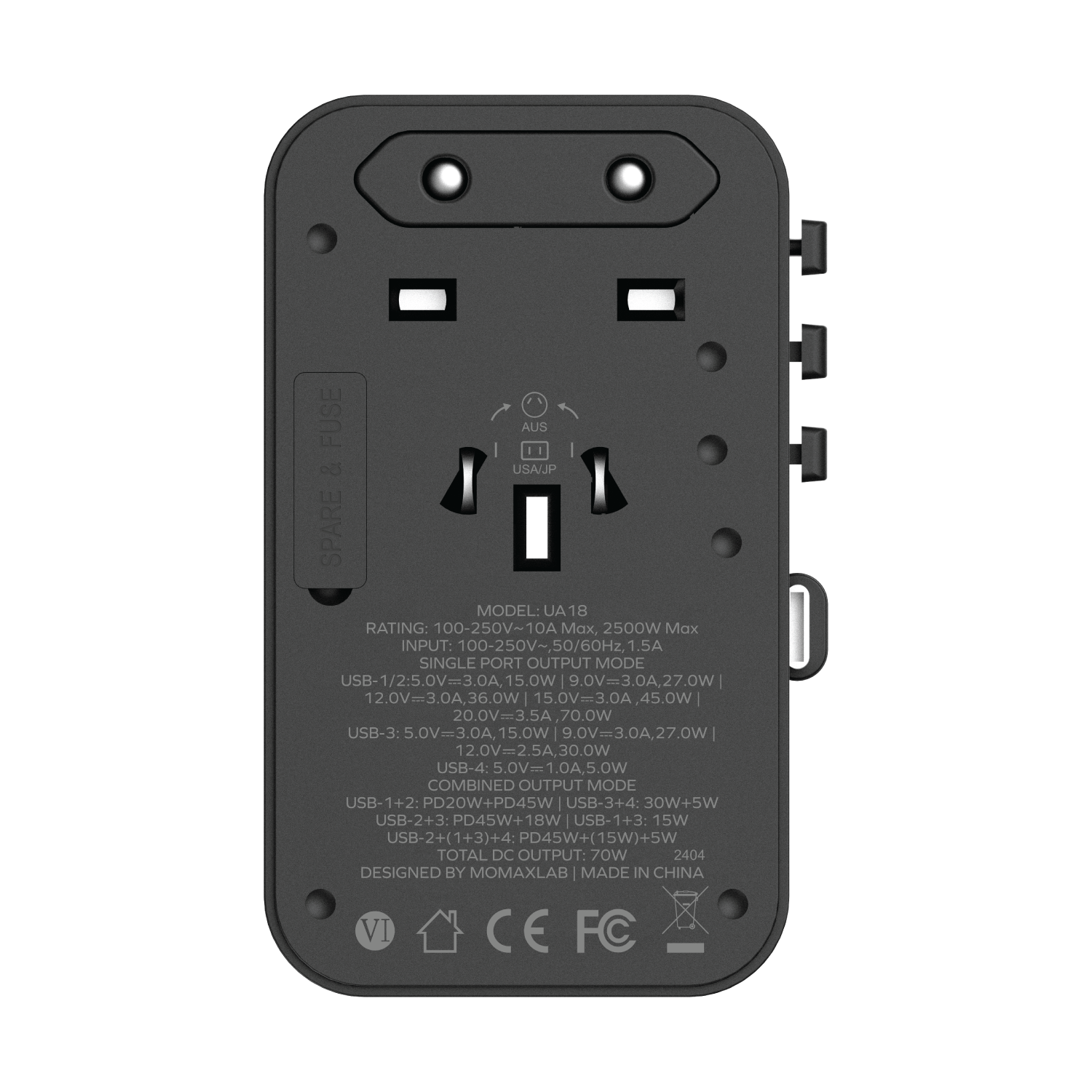 MOMAX 1-WORLD 70W GAN 3 PORT WITH BUILT-IN USB-C CABLE AC TRAVEL ADAPTOR | Space.ae