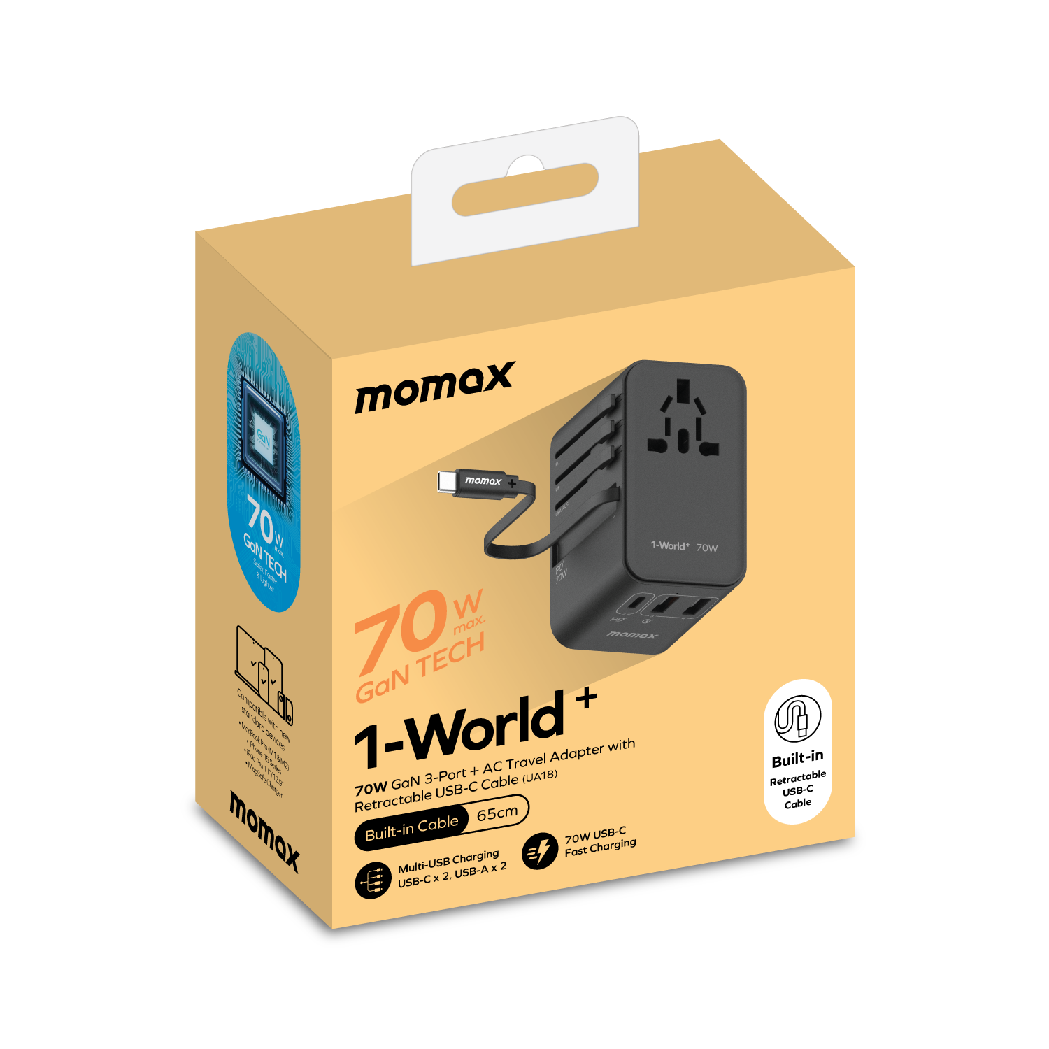 MOMAX 1-WORLD 70W GAN 3 PORT WITH BUILT-IN USB-C CABLE AC TRAVEL ADAPTOR | Space.ae