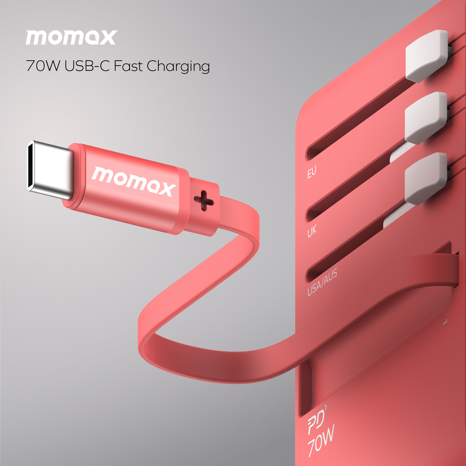 MOMAX 1-WORLD 70W GAN 3 PORT WITH BUILT-IN USB-C CABLE AC TRAVEL ...