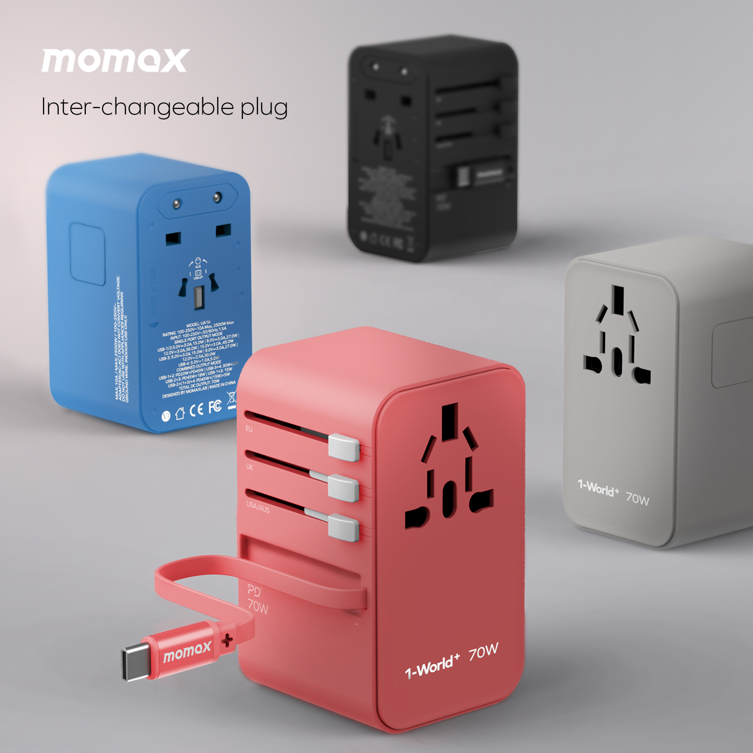MOMAX 1-WORLD 70W GAN 3 PORT WITH BUILT-IN USB-C CABLE AC TRAVEL ADAPTOR | Space.ae
