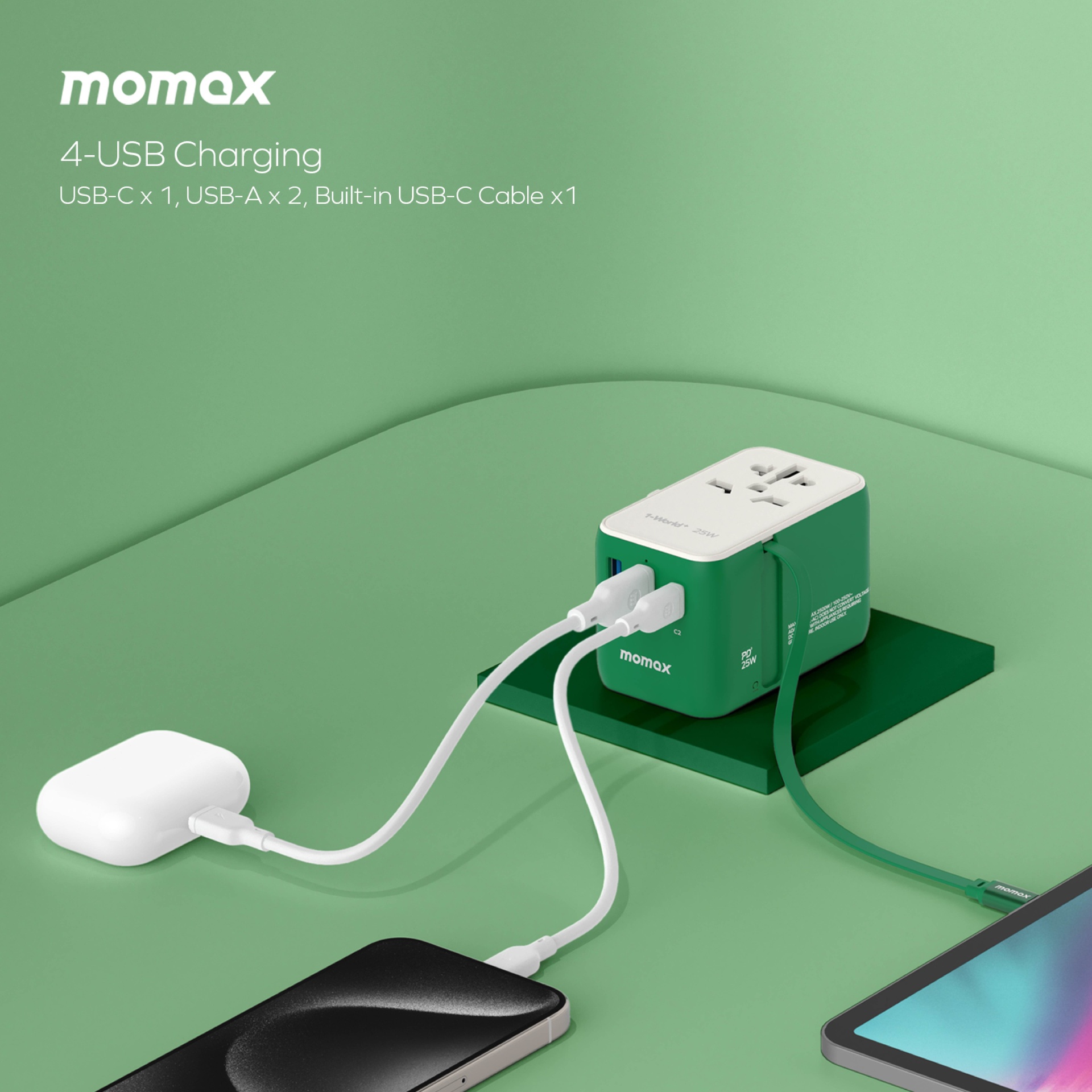MOMAX 1-WORLD 25W 3 PORT WITH BUILT-IN USB-C CABLE AC TRAVEL ADAPTOR ...