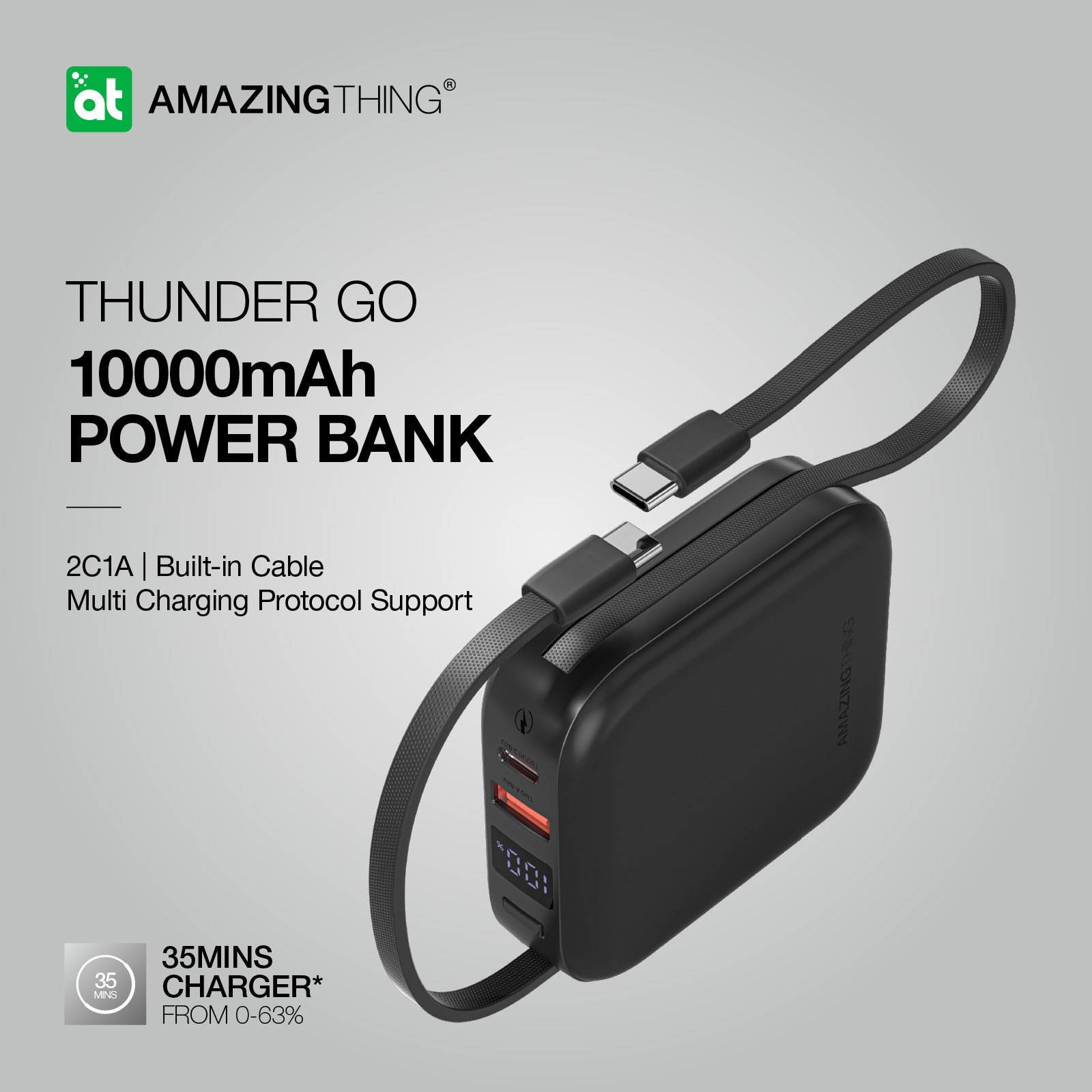 AT THUNDER GO 10000mAh POWER BANK WITH BUILT-IN 2 USB-C CABLES | Space.ae