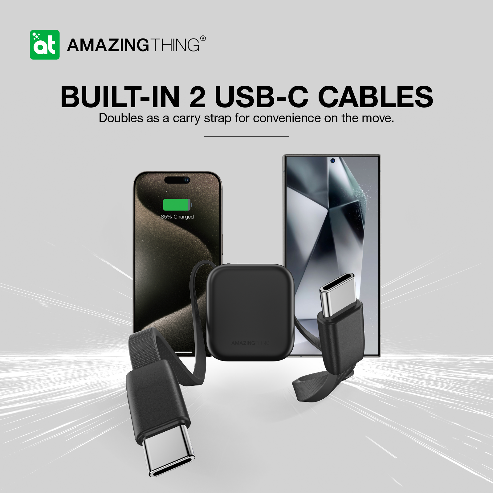 AT THUNDER GO 10000mAh POWER BANK WITH BUILT-IN 2 USB-C CABLES | Space.ae